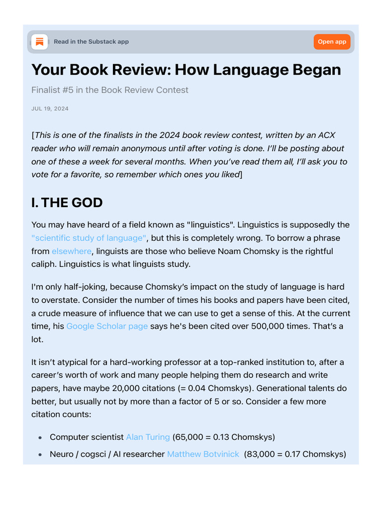 Astral Codex Ten - Book Review, How Languages Began (2024) | PDF | Noam Chomsky | Recursion