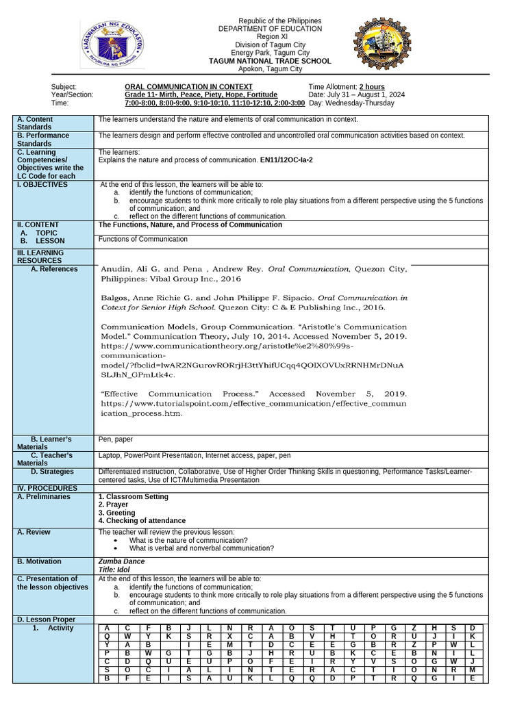Oral Communication Lesson Plan for Grade 11 | PDF | Learning ...