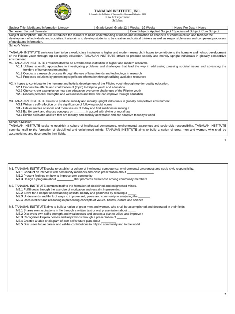 Template - K12 Program Subject Syllabus | PDF | The Arts | Learning