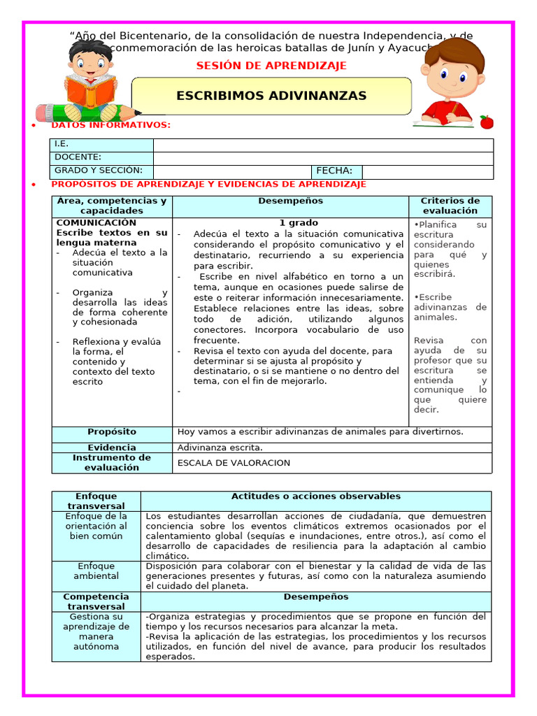1º U3 S3 SESION D3 COM ESCRIBIMOS ADIVINANZAS | PDF | Aprendizaje | Evaluación