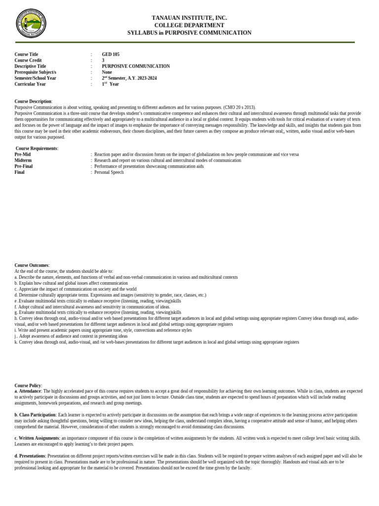 446530967-Syllabus-in-Purposive-Communication | PDF | Communication ...