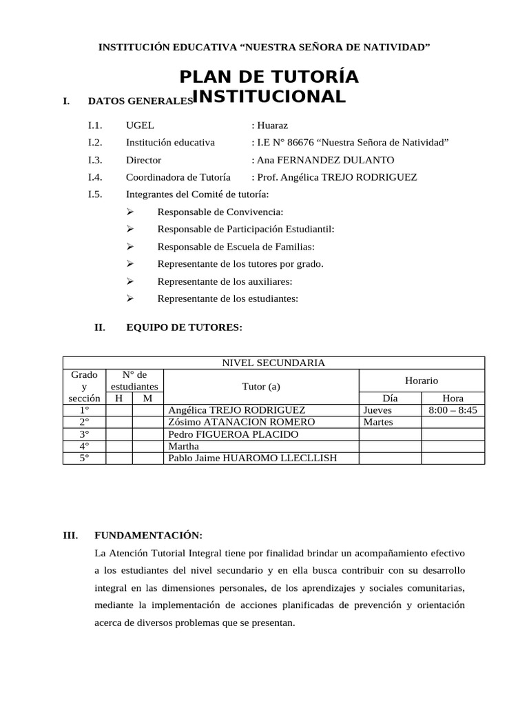 Plan Tutorial Institucional TOI - 2017 | PDF | Salón de clases | Enseñando