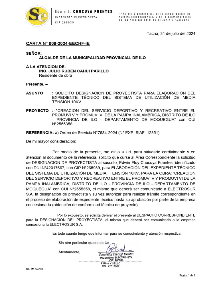 Carta #009-2024-Eechf-Ie - Solicitud Como Proyectista para Sumt Ilo | PDF