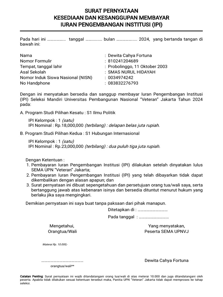 Cetak Surat Pernyataan Kesediaan Dan Kesanggupan Membayar Iuran Pengembangan Institusi (Ipi) | PDF