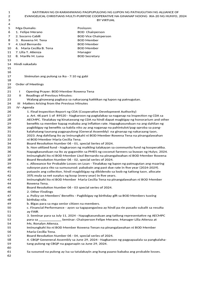 Katitikan 2024 Di Kraniwan Hunyo BOD | PDF