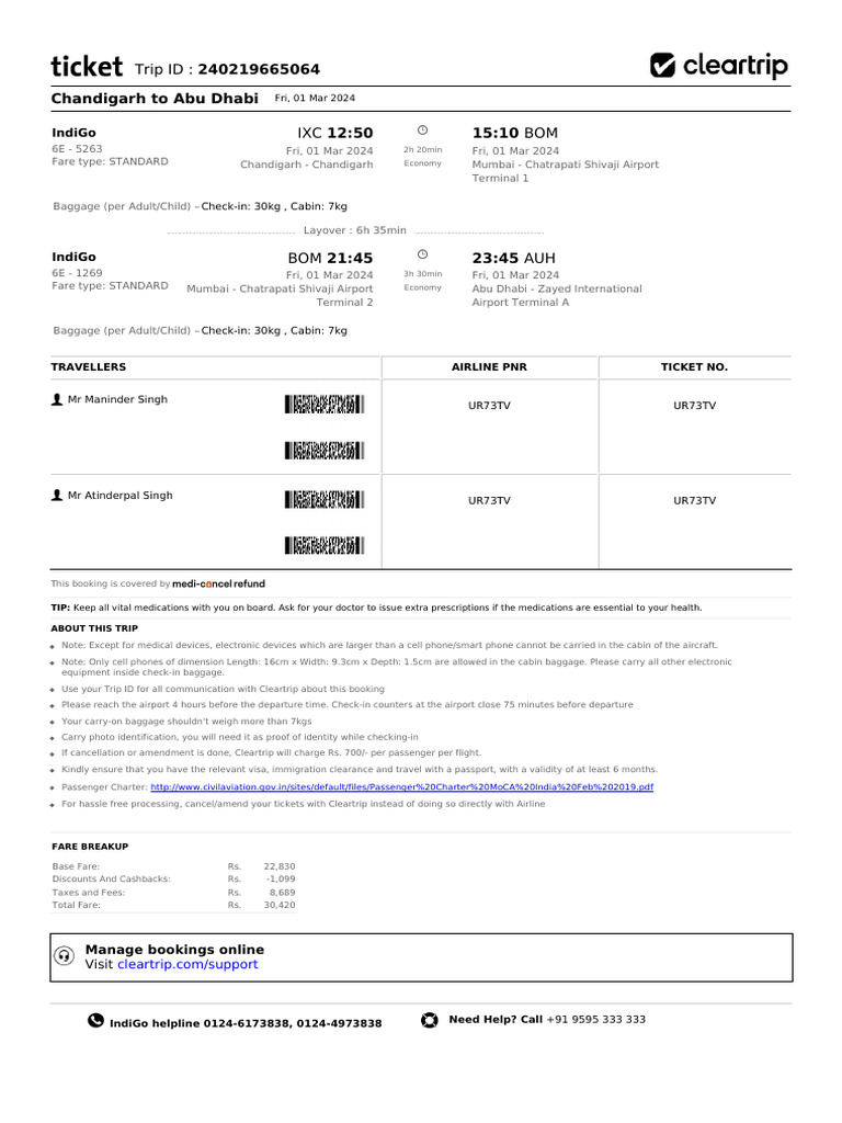 Cleartrip Flight E-Ticket | PDF | Airport | Aviation