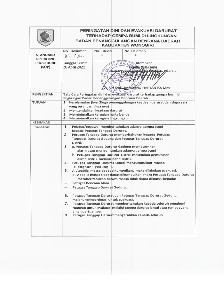 Sop Peringatan Dini Dan Evakuasi BPBD | PDF