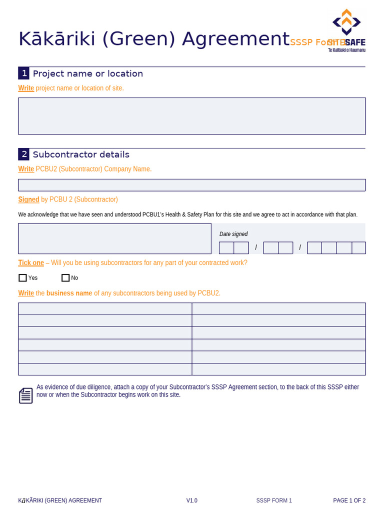Subcontractor Safety Agreement Form | PDF | Finance & Money Management