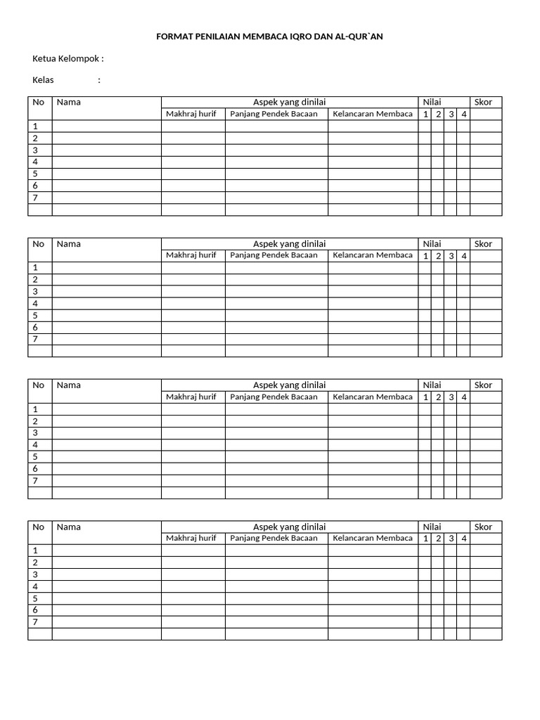 Format Penilaian Membaca Iqro | PDF