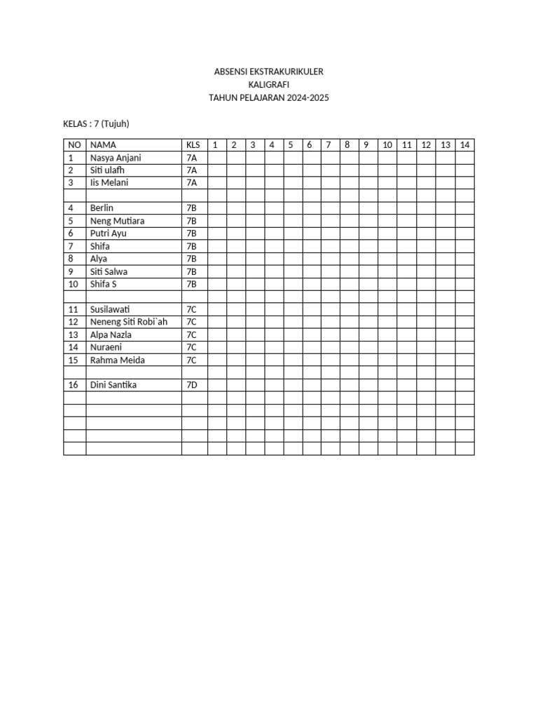 Absensi Ekstrakurikuler Kaligrafi | PDF