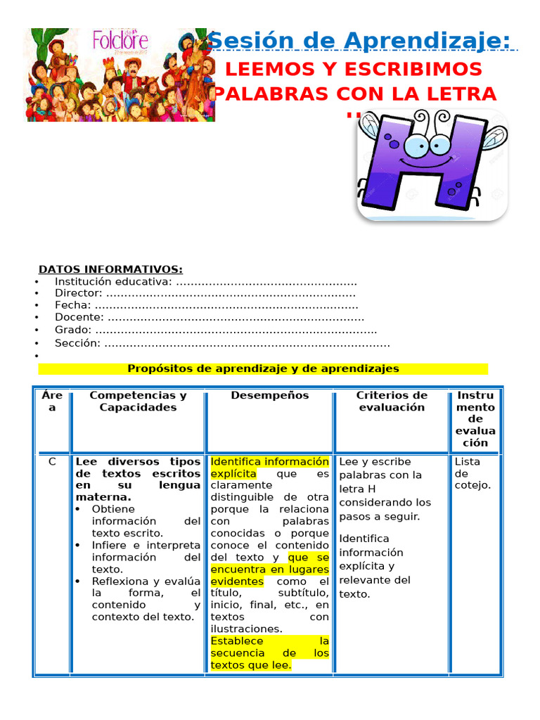 1° SESIÓN DÍA 1 COM LEEMOS Y ESCRIBIMOS PALABRAS CON LA LETRA H | PDF ...