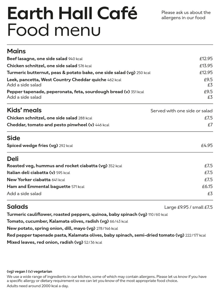 Earth Hall Café Food Menu & Allergens | PDF | Salad | Food And Drink
