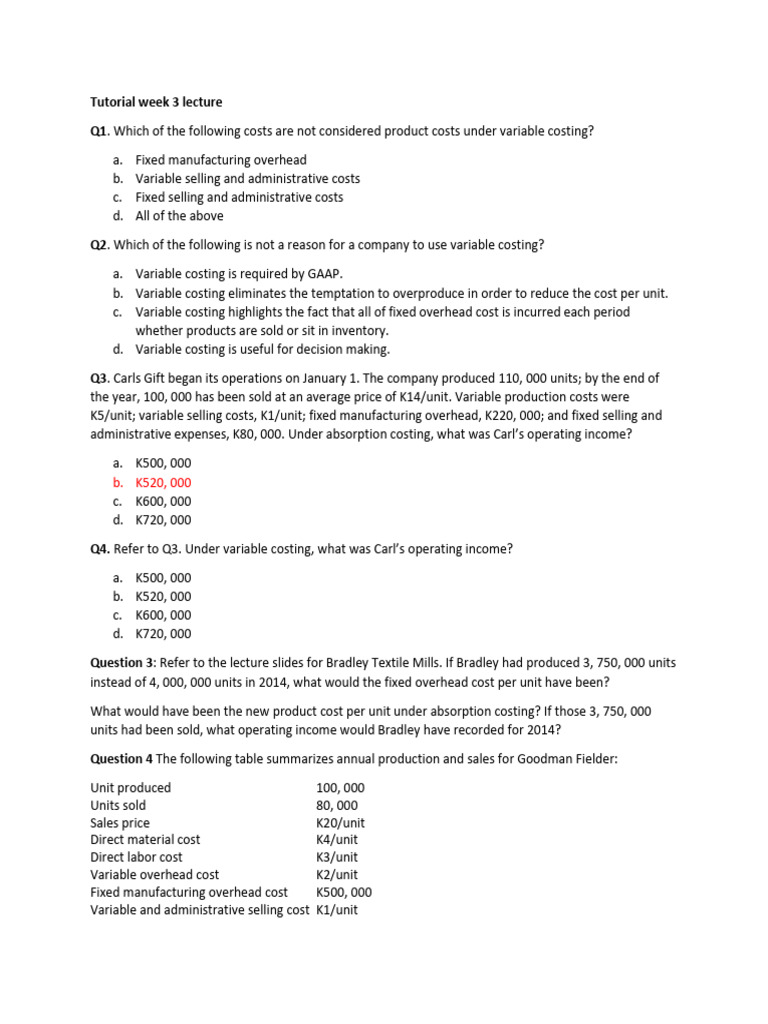Tutorial Question Direct & Absorption Costing | PDF | Cost | Inventory