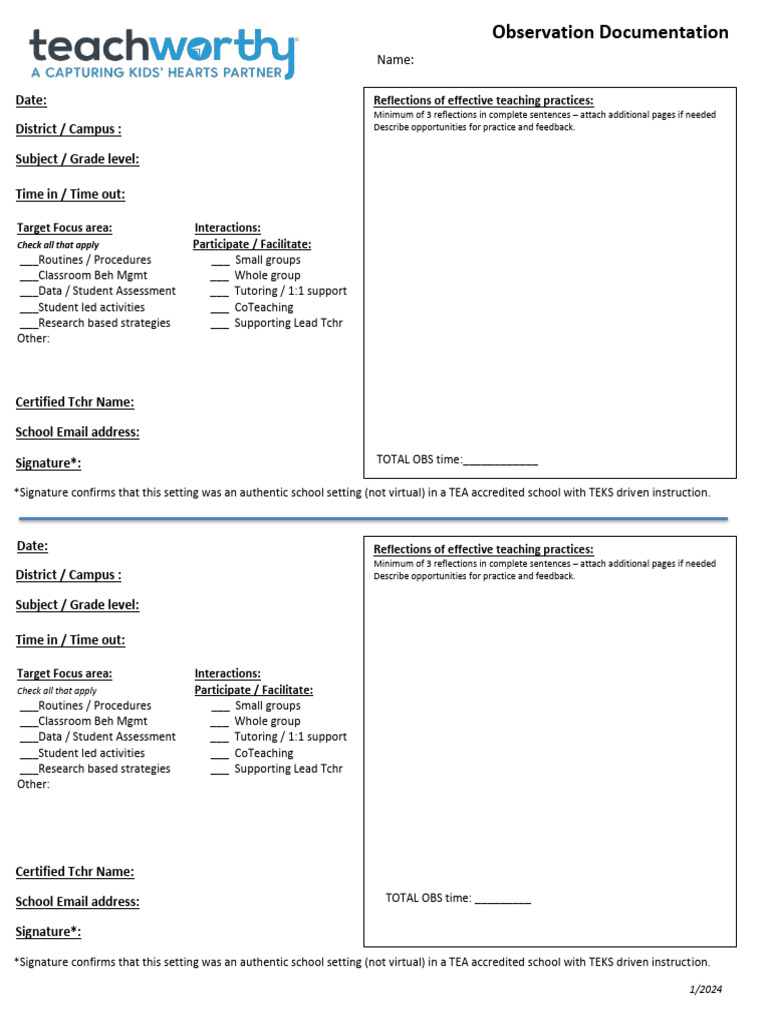 Observation Documentation 2024 Fillable | PDF | Learning | Behavior ...