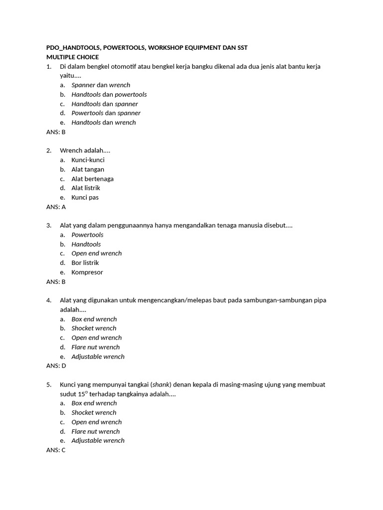Soal Pilgan PTS Gasal Pekerjaan Dasar Otomotif TBSM 2021 | PDF | Metode & Bahan Ajar