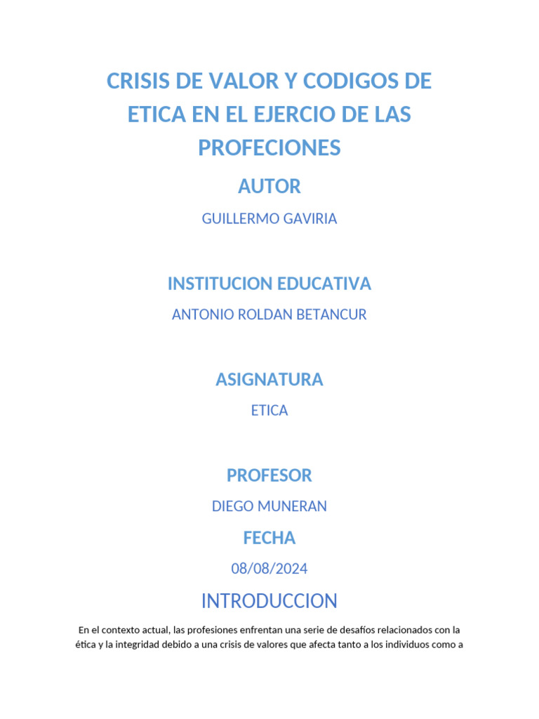 Crisis de Valor y Codigos de Etica en El Ejercio de Las Profeciones (2 ...
