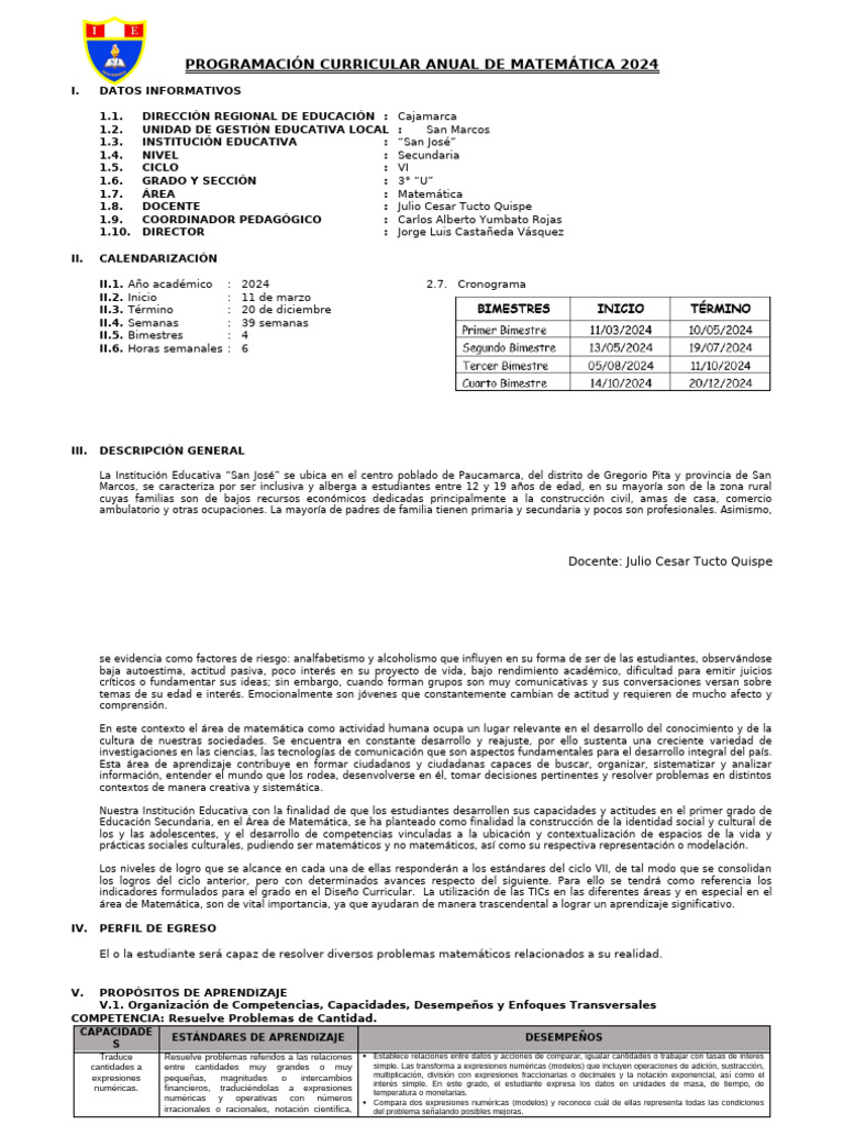 Programacion Anual 2024 Tercero Pdf Ecuaciones Geometría 8224