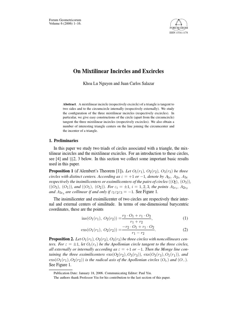 On Mixtilinear Incircles and Excircles: 1. Preliminaries | PDF ...