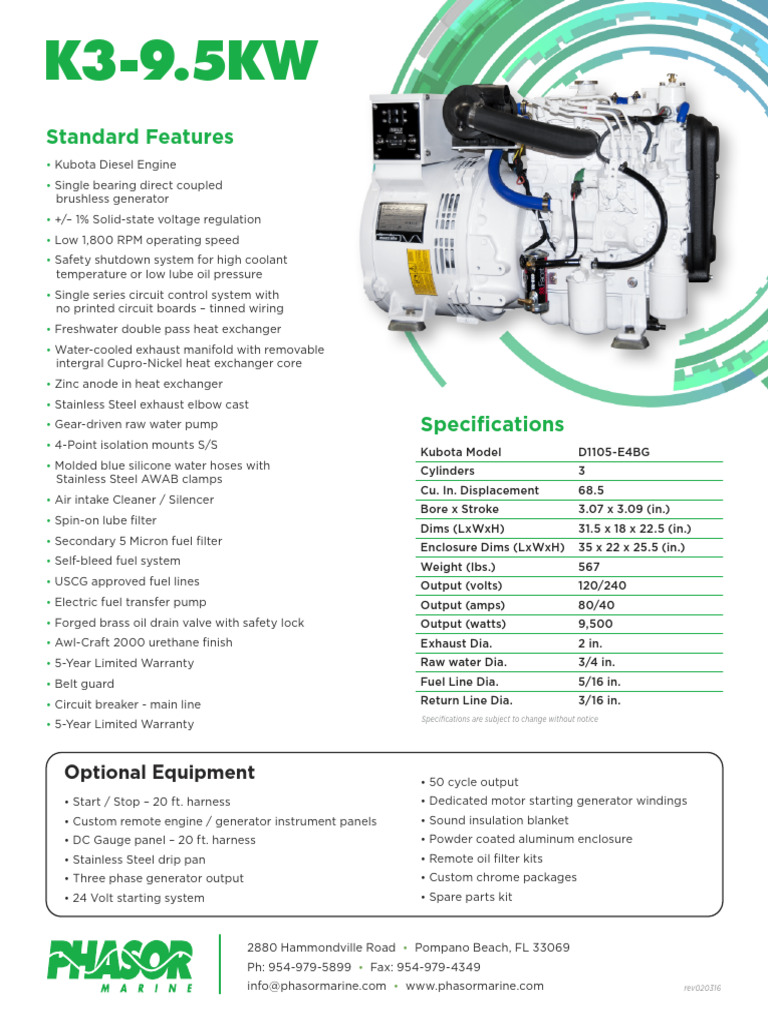 K3 9.5KW ProdSheet 020816 | PDF | Electric Generator | Engines