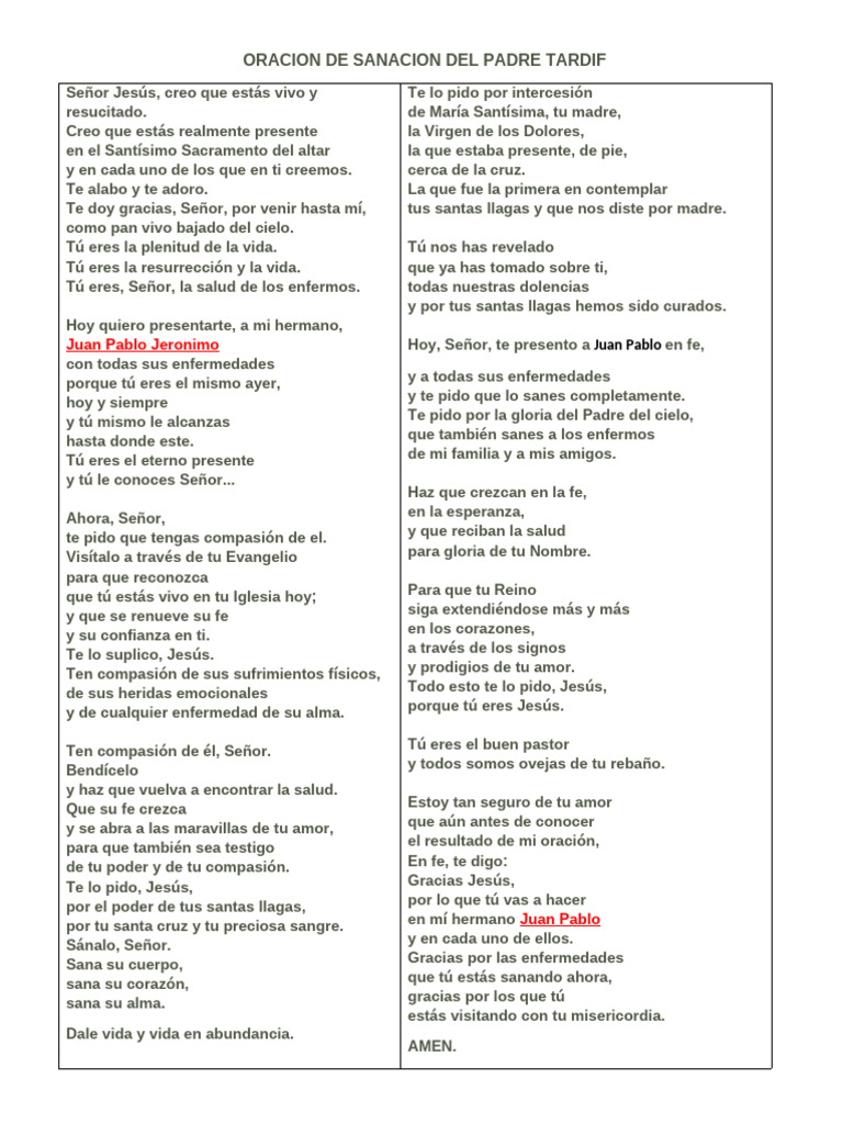 Oracion de Sanacion Del Padre Tardif | PDF | Oración | Intercesión