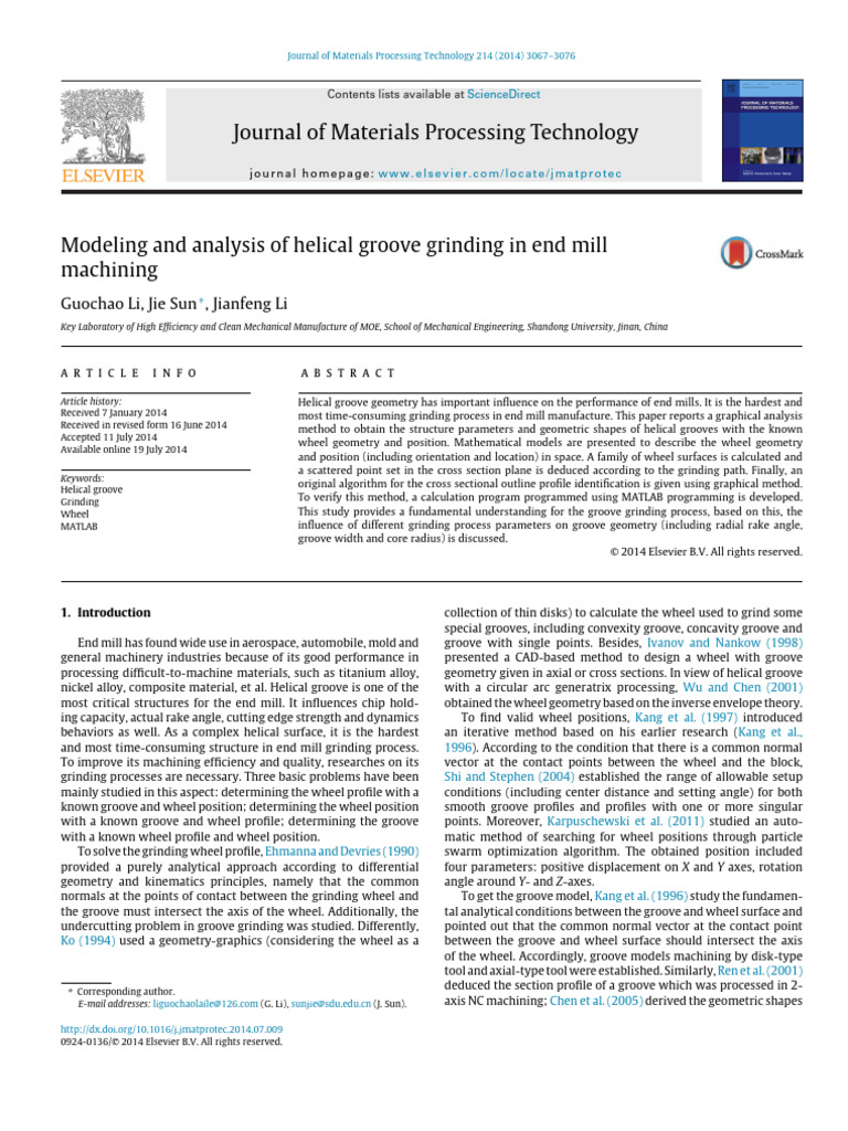 Modeling and Analysis of Helical Groove Grinding in End Mill Machining ...