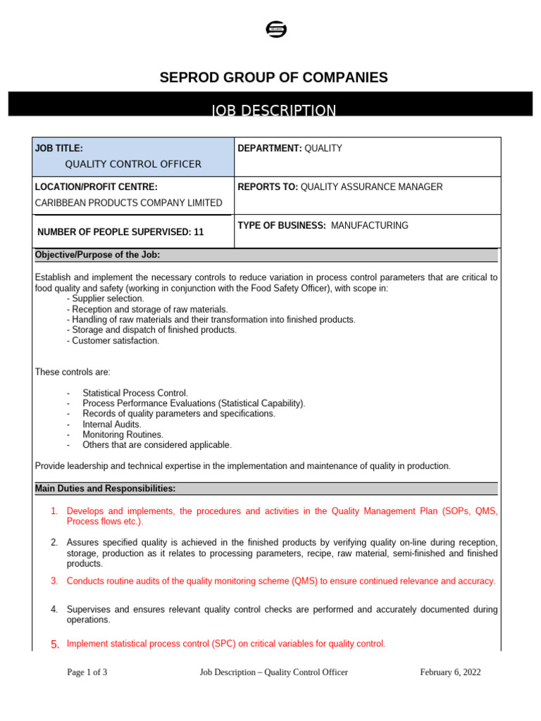 Quality Control Officer Feb 2022 Cga | PDF | Quality Management System ...