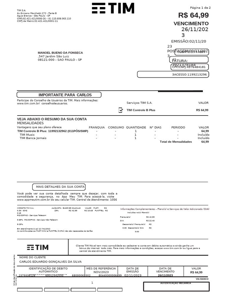 Fatura Tim Outubro 2023 | PDF
