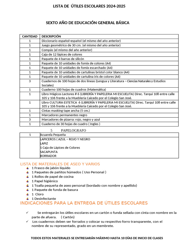 Lista de Utiles Escolares Periodo Lectivo 2024 2025 Sexto Egb | PDF