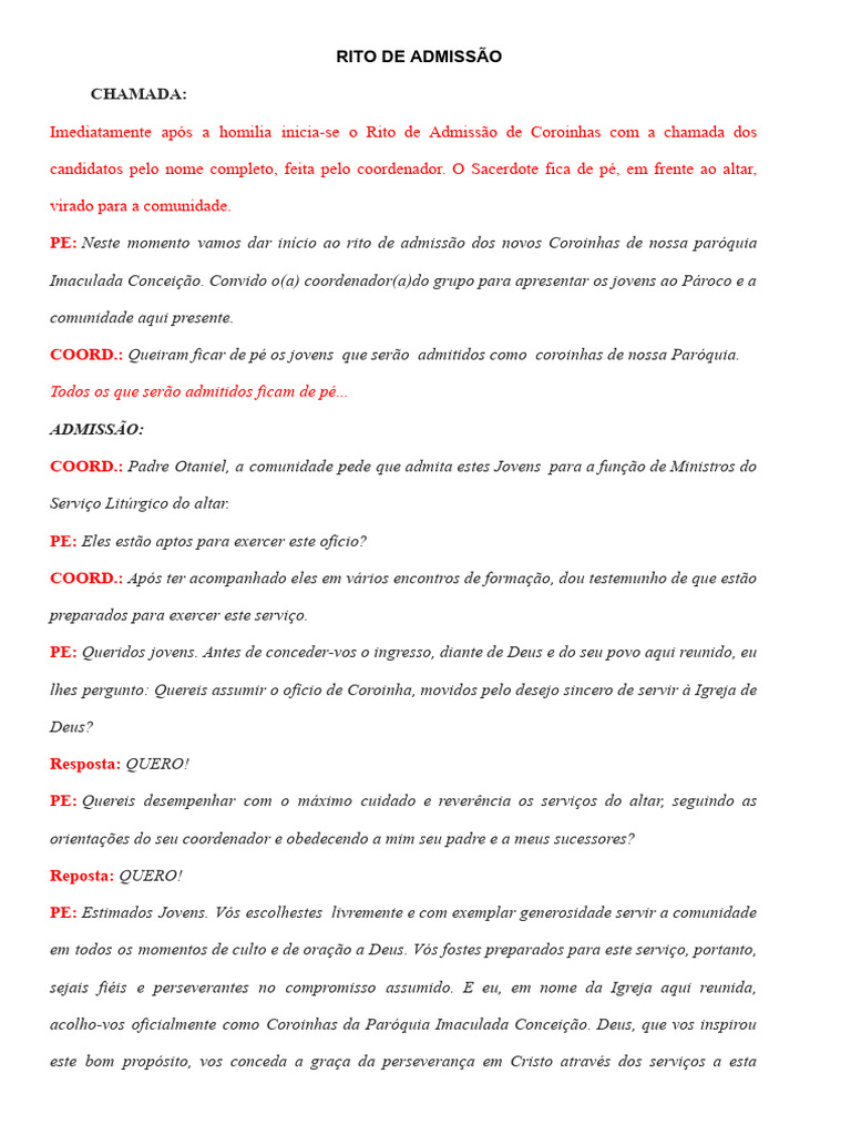 RITO DE ADMISSÃO E RENOVAÇÃO de Coroinha | PDF | Igreja católica | Liturgia