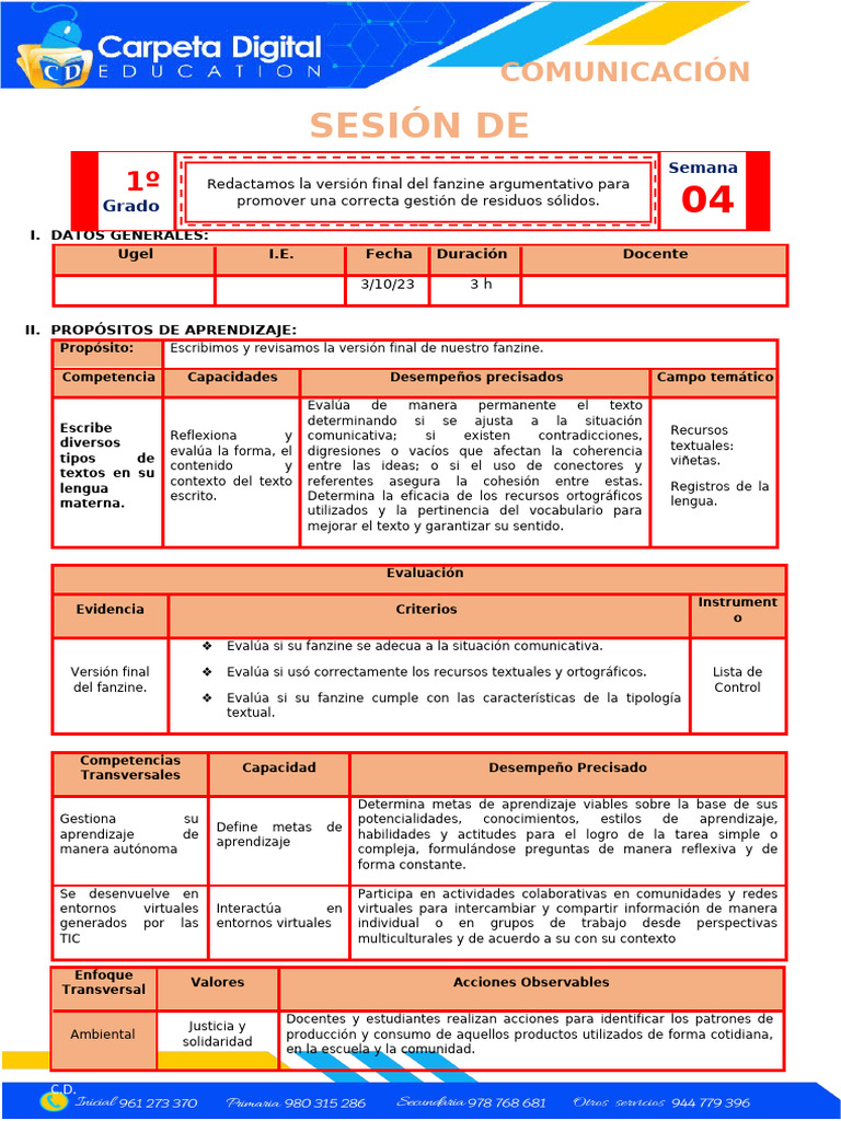 1° Sesión de Aprendizaje Sesión 8-Sem.4-Exp.6-Com | PDF | Aprendizaje | Evaluación