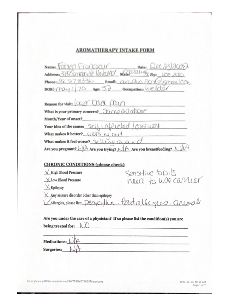 AROMATHERAPY INTAKE FORM 2 | PDF