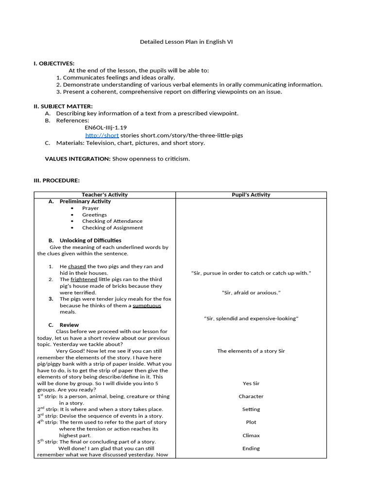Detailed Lesson Plan in English VI | PDF | Lesson Plan | Question
