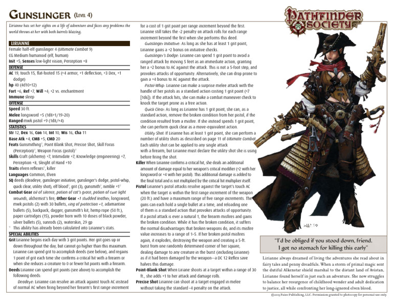 Pathfinder Iconic Gunslinger - Level 4 | PDF | Firearms | Bullet