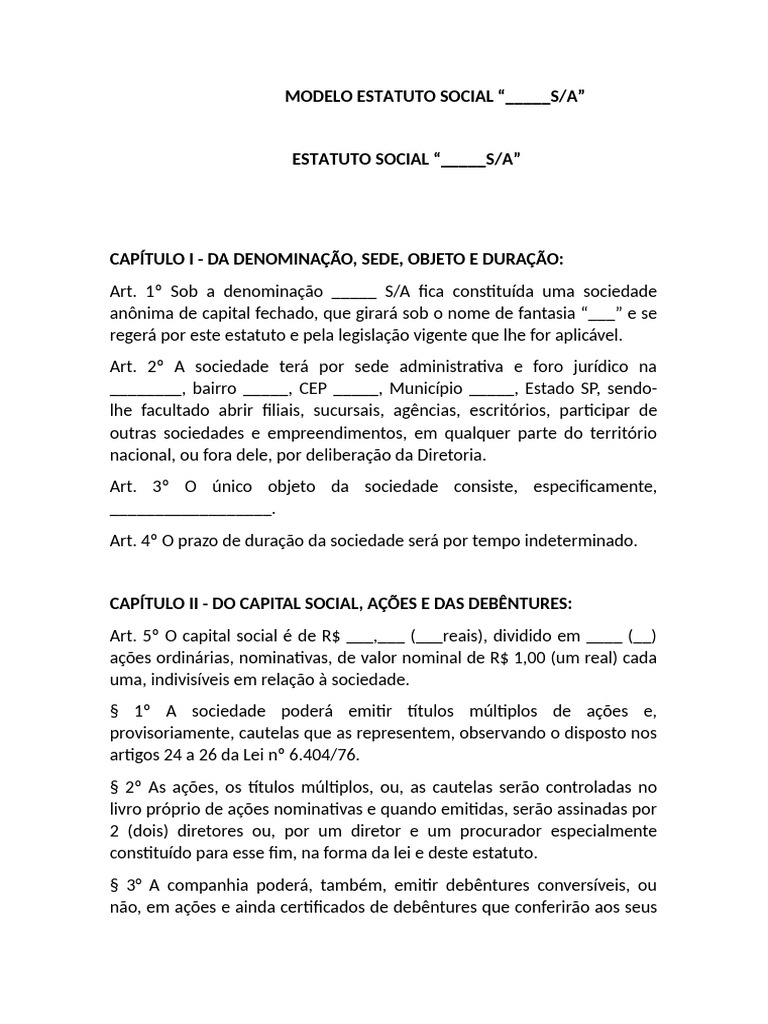 Modelo de Estatuto Social de S.A | PDF | Dividendo | Debênture
