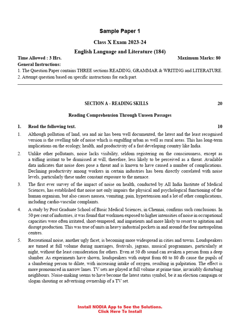 En Sample Paper 1 Unsolved-1 | PDF | Fast Food