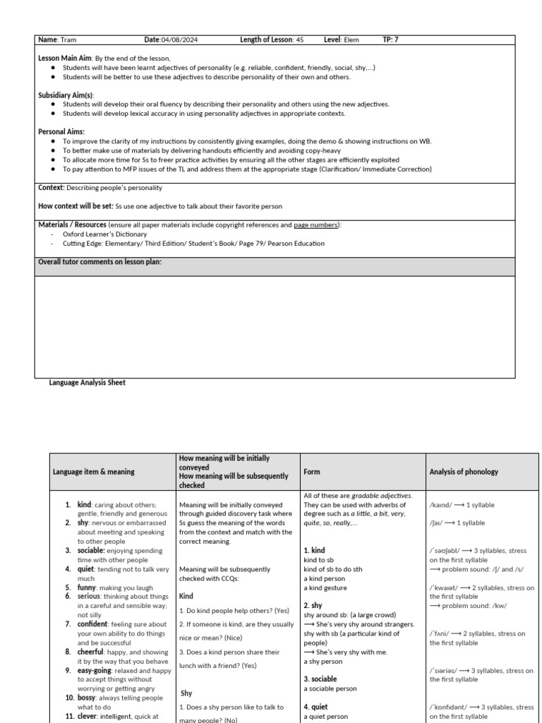 CELTA Teaching Practice 7 - Lesson Plan | PDF | Stress (Linguistics ...