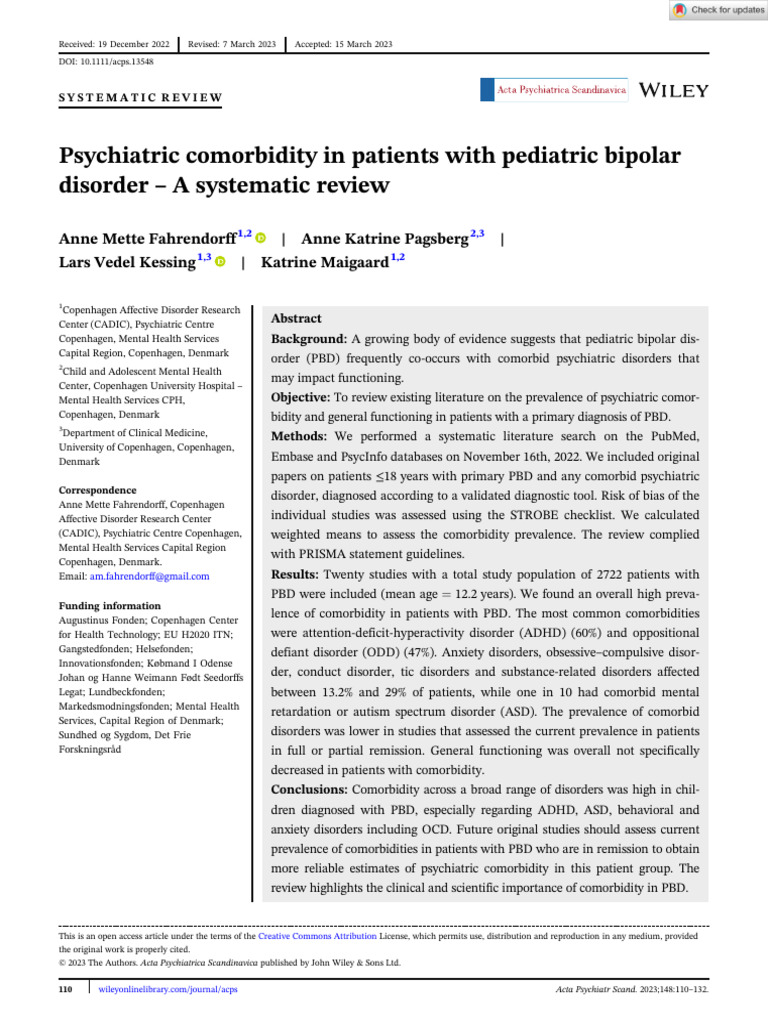 Acta Psychiatr Scand - 2023 - Fahrendorff - Psychiatric Comorbidity in Patients With Pediatric ...