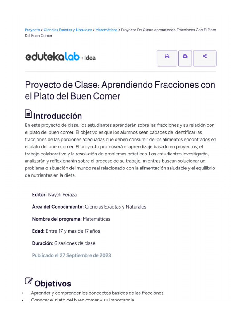 Proyecto De Clase_ Aprendiendo Fracciones Con El Plato Del Buen Comer | PDF