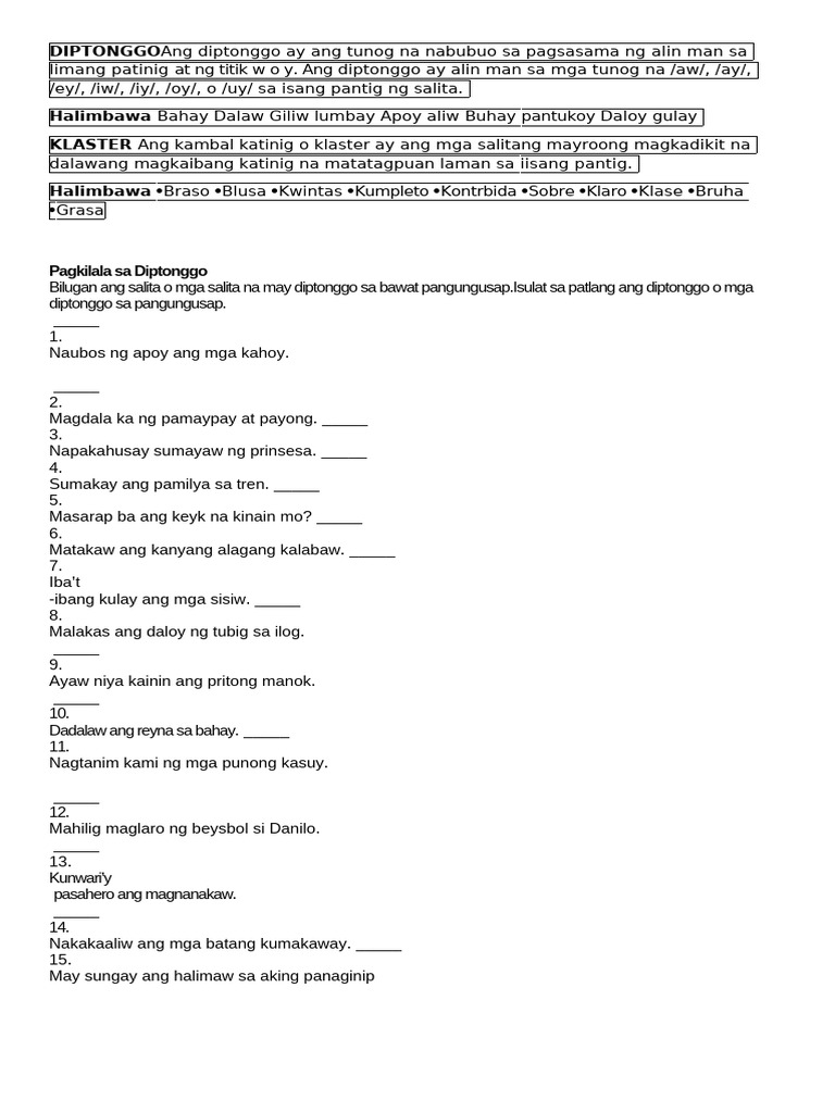 DIPTONGGOAng diptonggo ay ang tunog na nabubuo sa pagsasama ng alin man ...