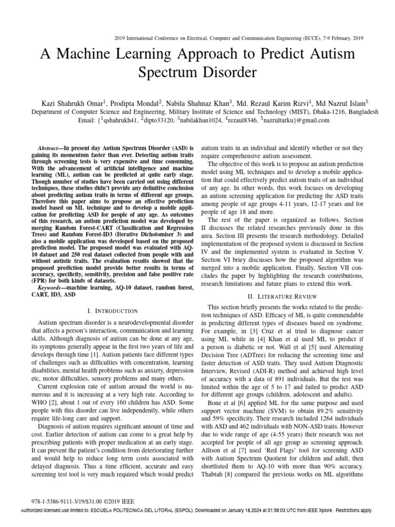 A Machine Learning Approach To Predict Autism Spectrum Disorder | PDF | Autism Spectrum ...