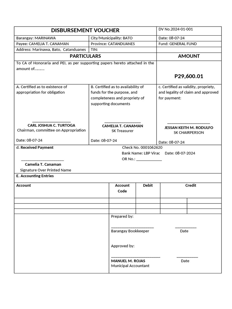 Disbursement Voucher 2024 | PDF | Payments | Bookkeeping