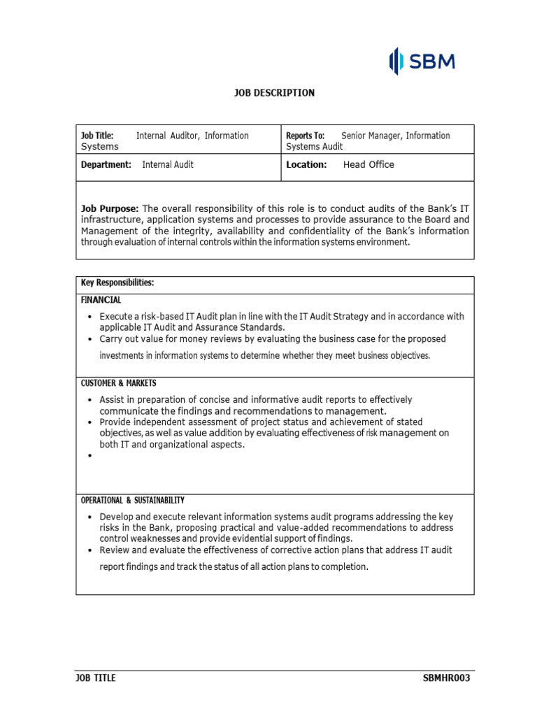 JD - Internal Auditor, Information Systems | PDF | Audit | Internal Audit