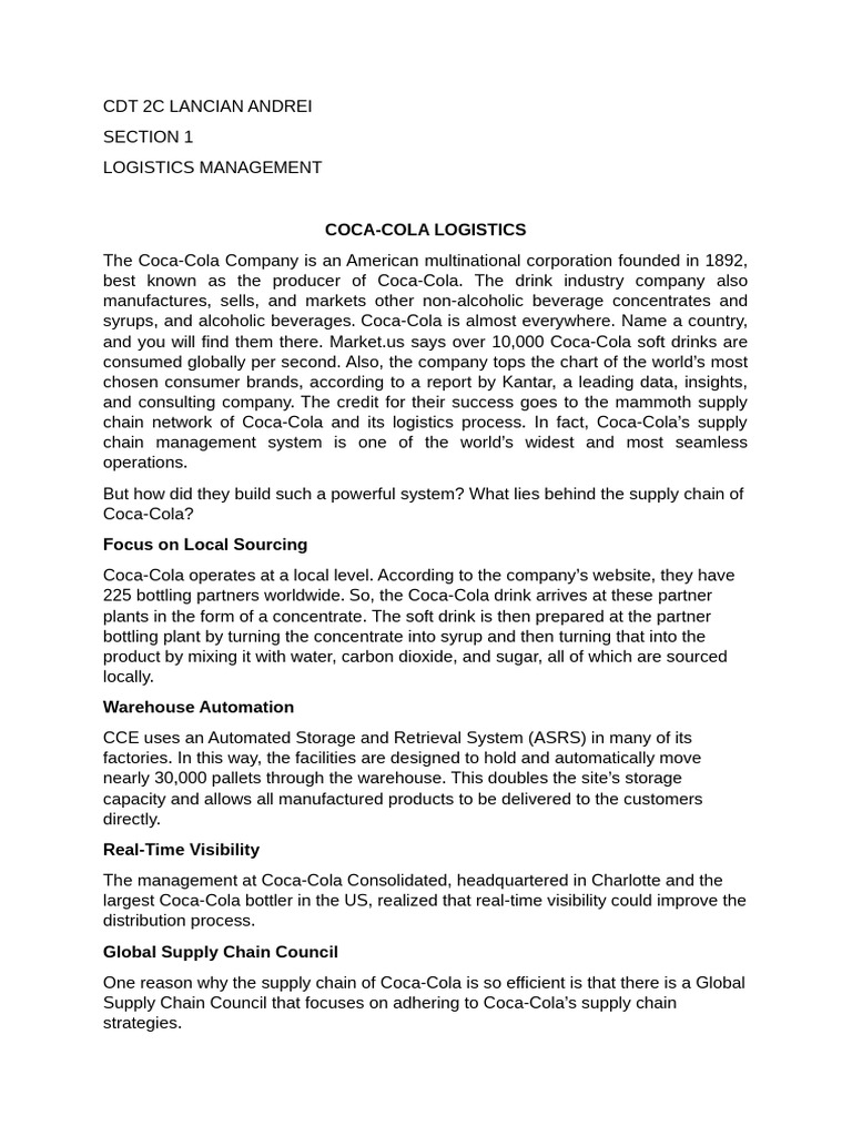 Cocacola Logistics | PDF | Coca Cola | Supply Chain