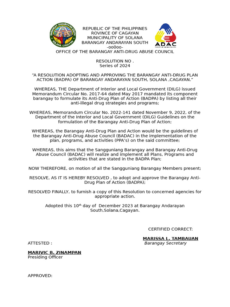 Resolution Adopting The Badpa | PDF | Philippines