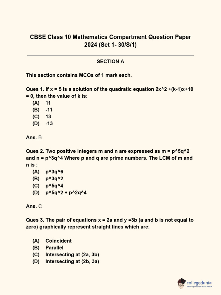 Class 10 Maths Compartment Paper 2024 | PDF | Circle | Triangle