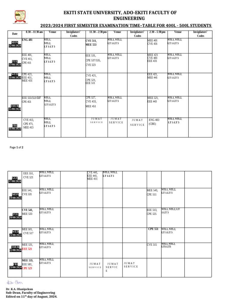 Amended 2023 - 2024 1st Sem Exam Timetable 400 & 500 L | PDF