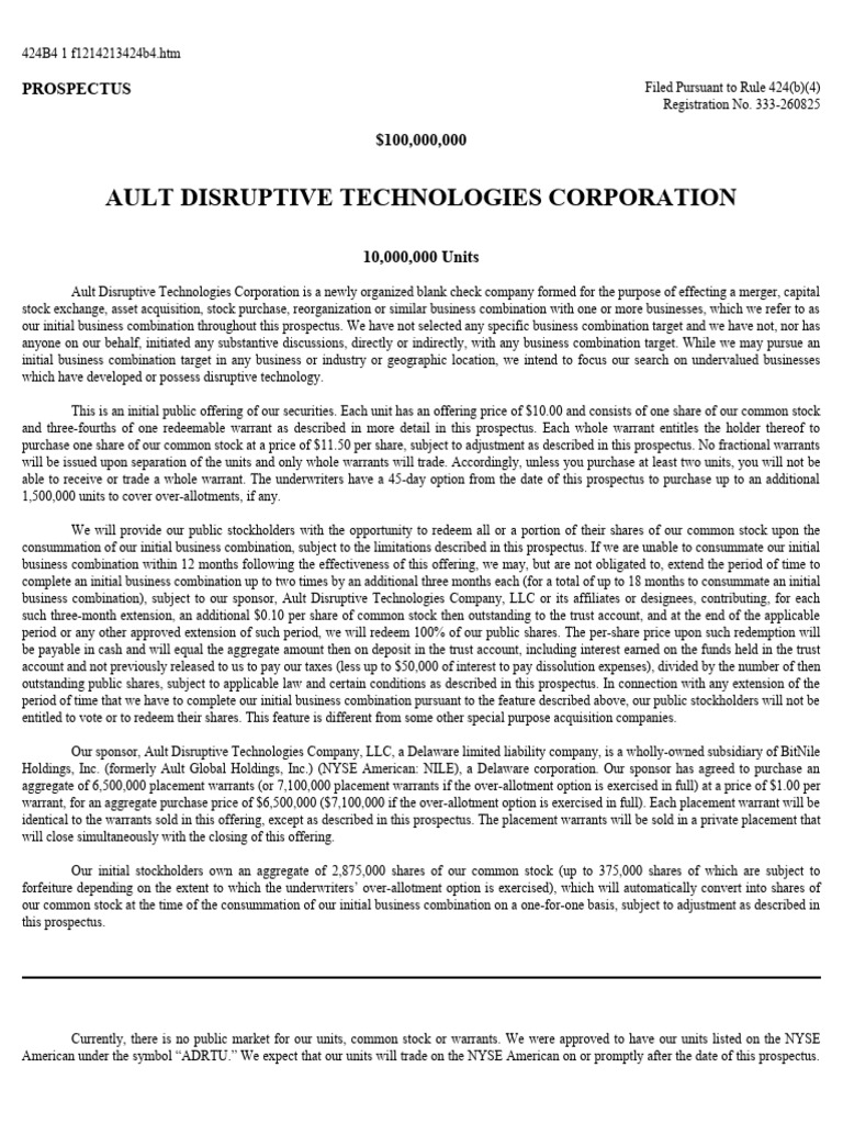 SPAC IPO for Disruptive Tech | PDF | Mergers And Acquisitions | Stocks