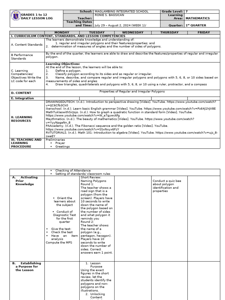 MATH 7 Matatag Q1 WK1-DLL | PDF | Educational Assessment | Polygon