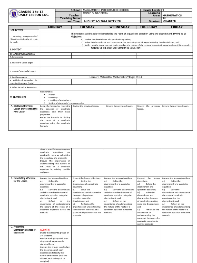 Math-9-Q1-Wk2-Dll Bagsican | PDF | Quadratic Equation | Equations