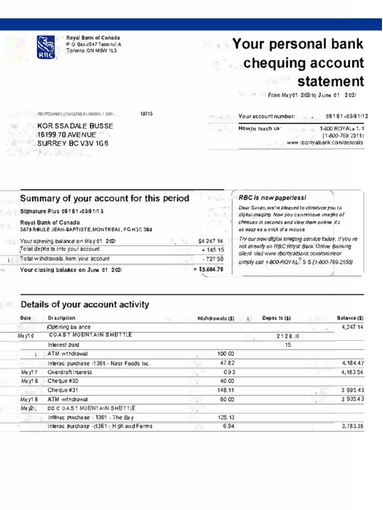 Your Personal Bank Chequing Account Statement | PDF | Banking ...